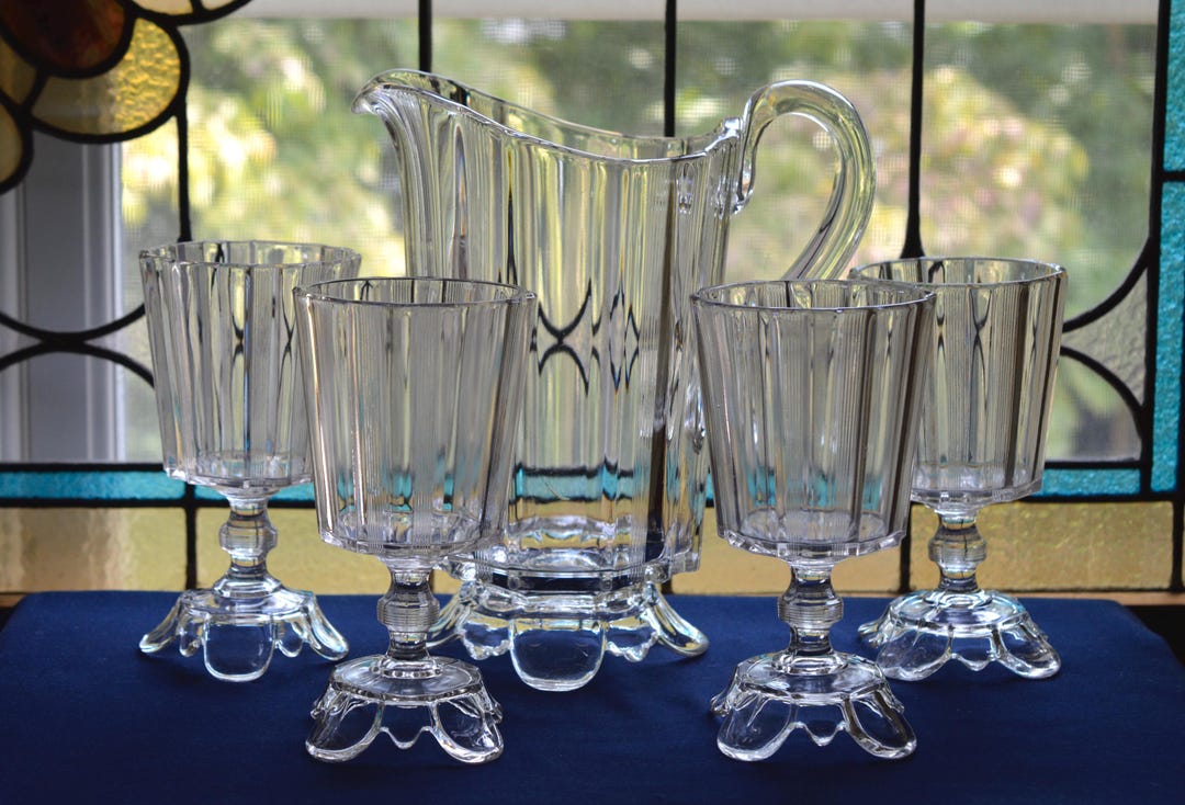 Set of 1870s George Duncan and Sons Clear Ribbon Fancy Foot Pitcher and ...