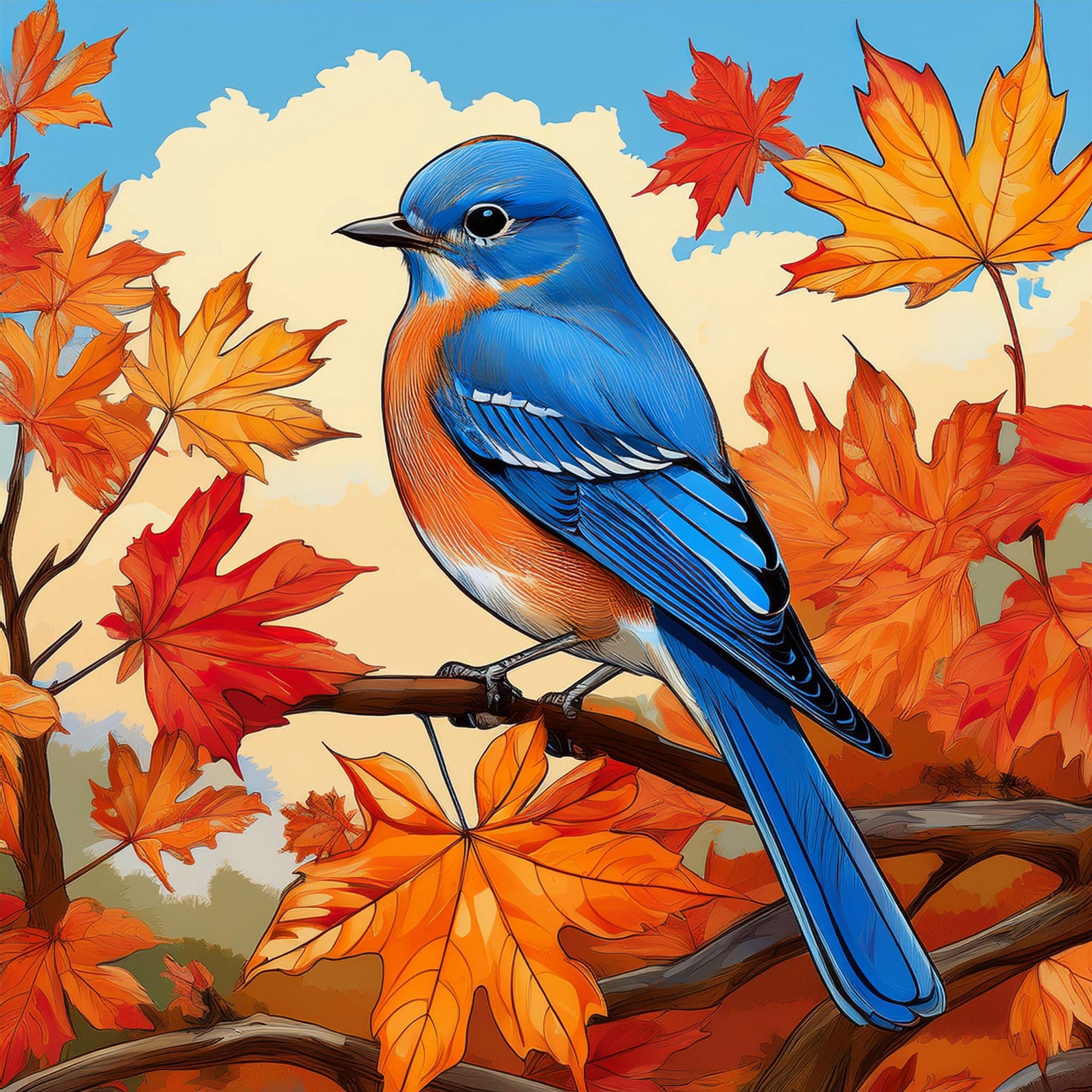 Eastern Bluebird With New York Maple Leaves - Etsy