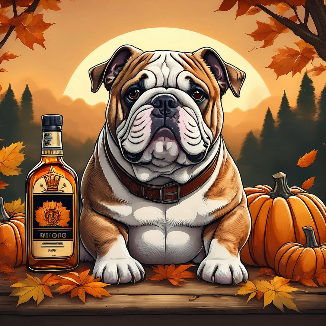 Bulldog With Whiskey Bottle | Fall-themed Dog and Drink Artwork - Etsy