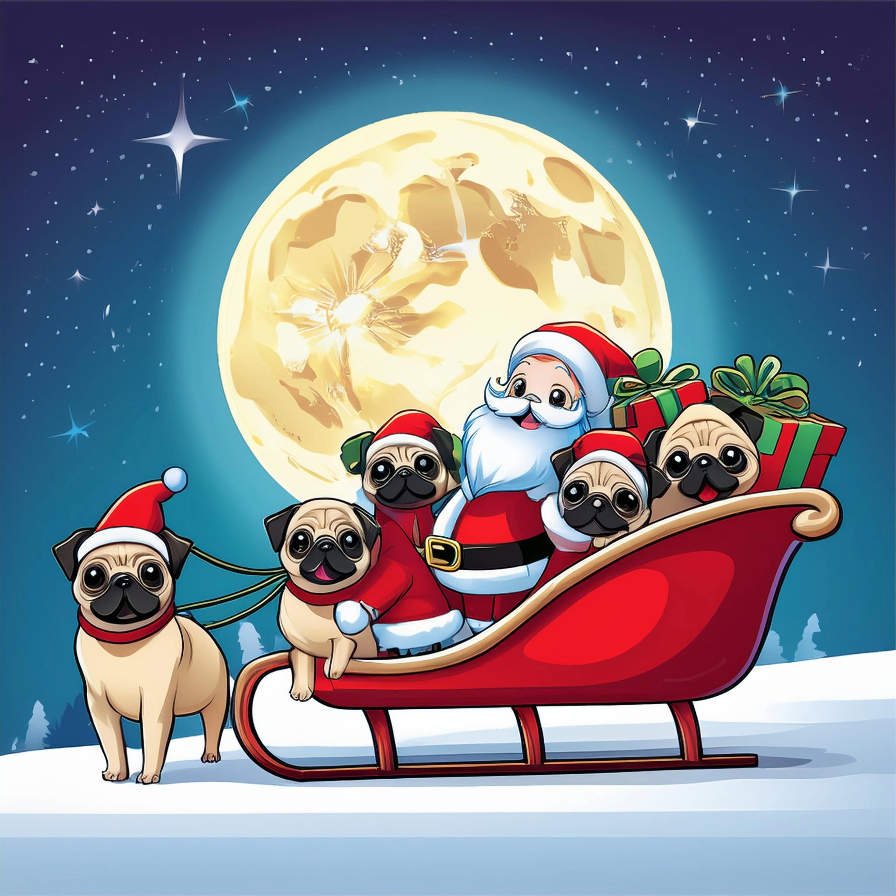 Santa in Sleigh With Pug Puppies PNG | Festive Christmas Cartoon Art - Etsy