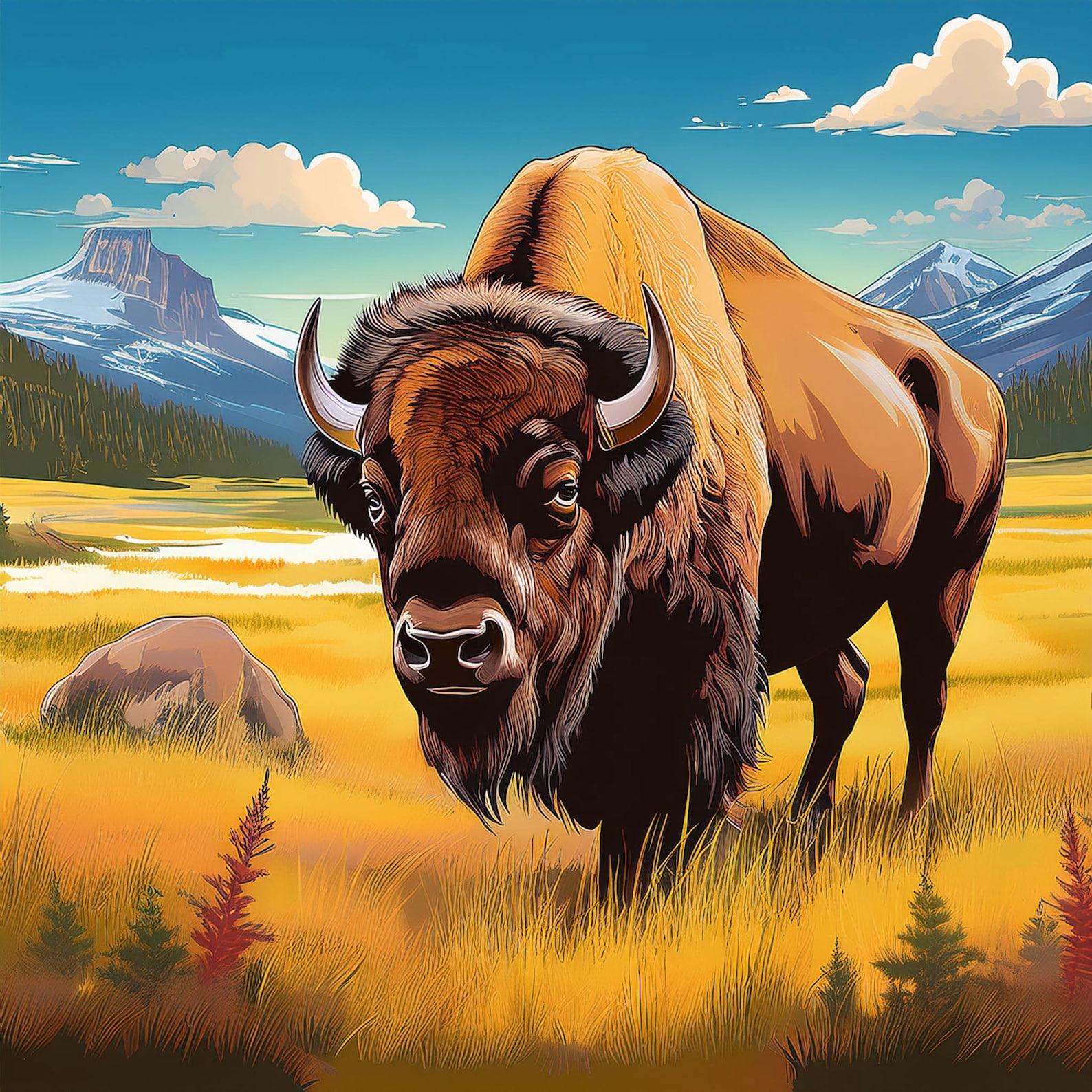 Bison Grazing in Yellowstone Meadow PNG Majestic Wildlife Art - Etsy