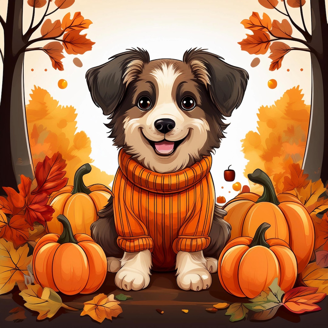 Adorable Fall-themed Cartoon Dog Art | Cozy Autumn Puppy Illustration ...