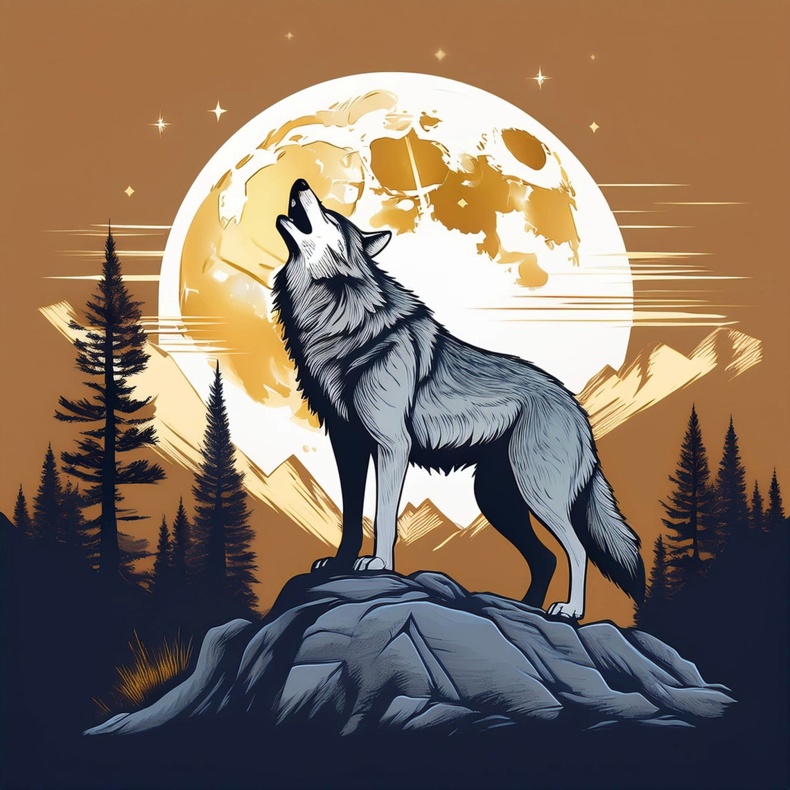 Gray Wolf Howling at the Moon PNG Yellowstone Wildlife Art - Etsy