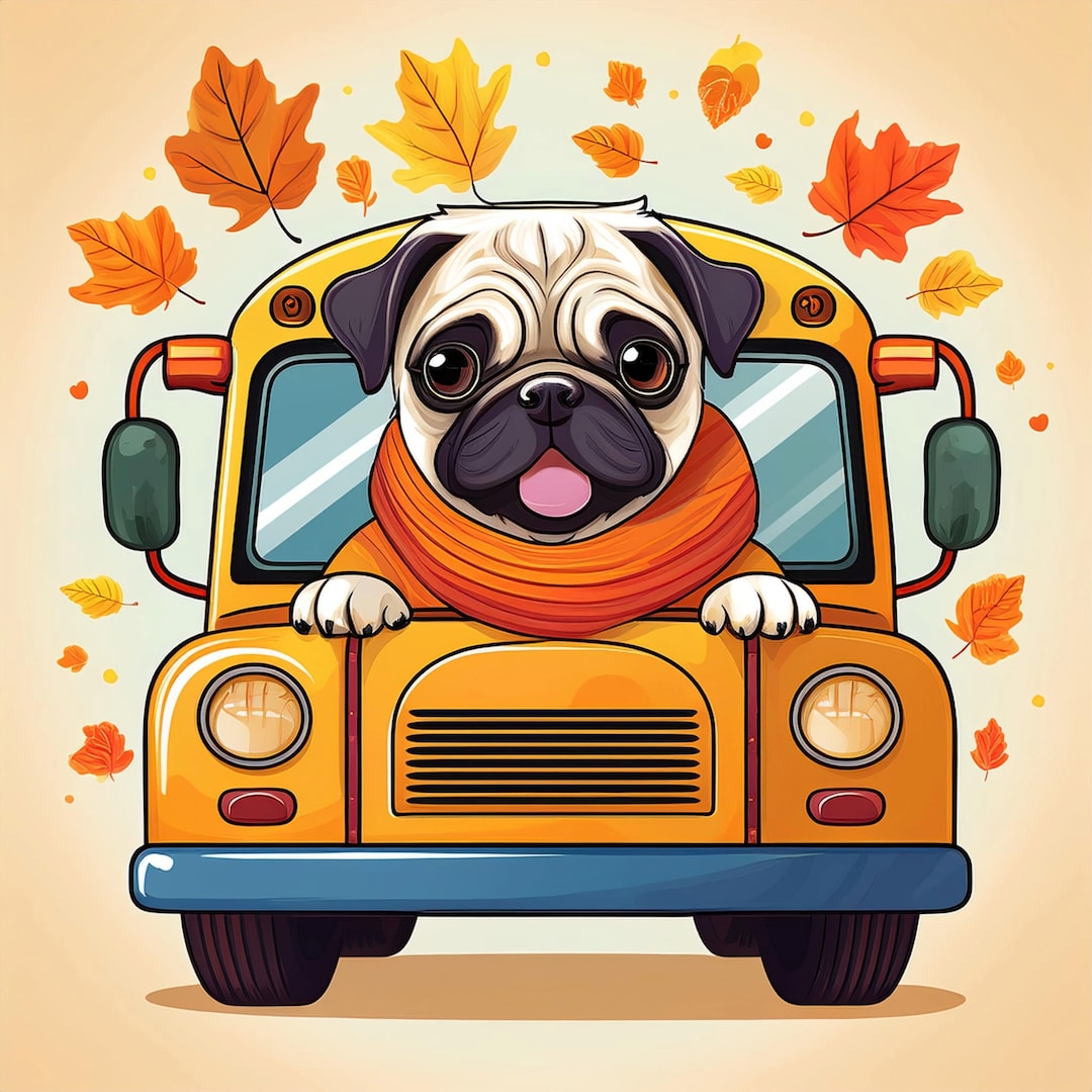 Pug Riding School Bus Sticker PNG | Back-to-school Fall Design - Etsy