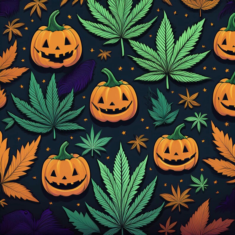 Eerie Halloween Cannabis Leaf Pattern – Spooky Ghosts, Pumpkins, and ...