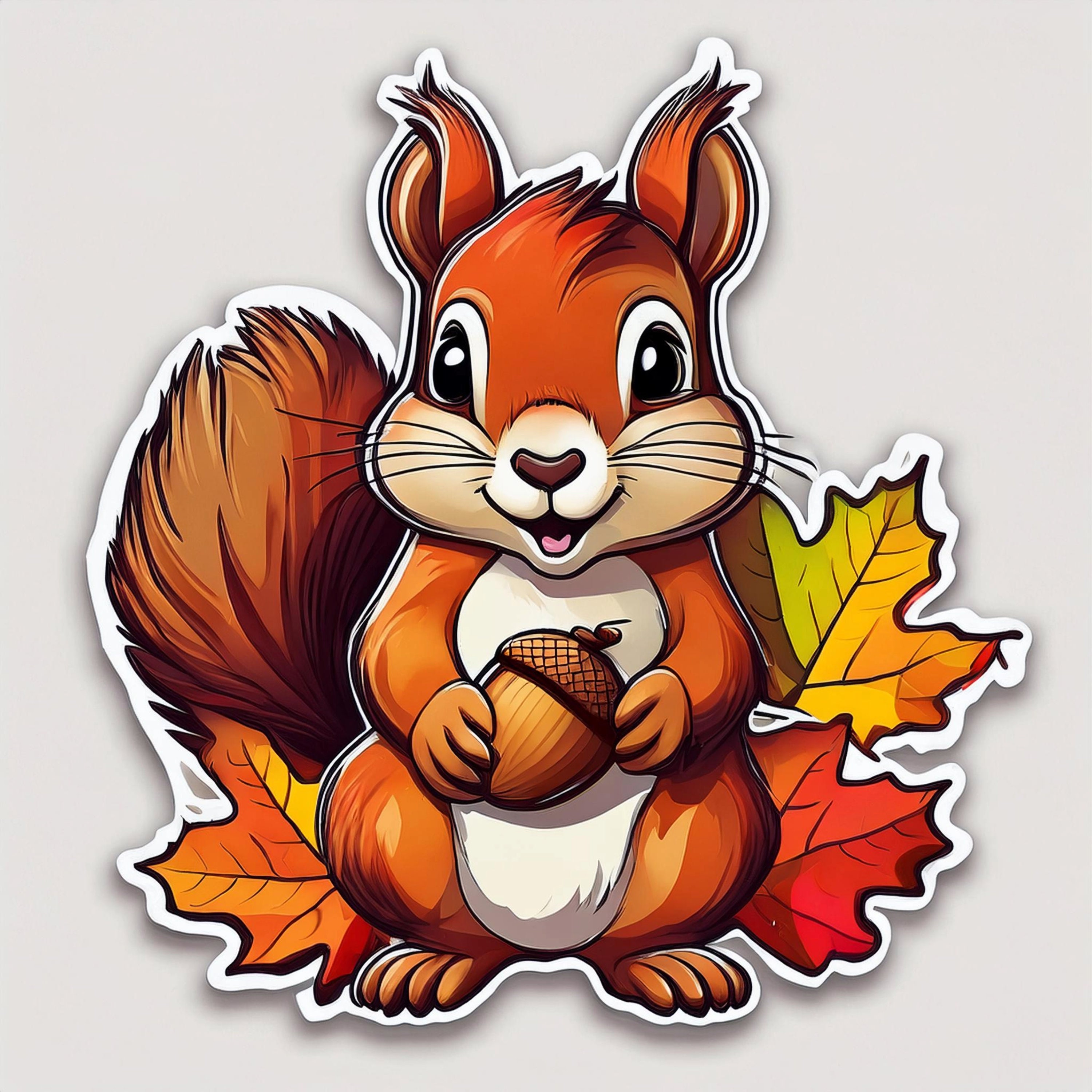 Squirrel Sticker PNG |playful Squirrel Holding Acorn Autumn Leaves Fall ...