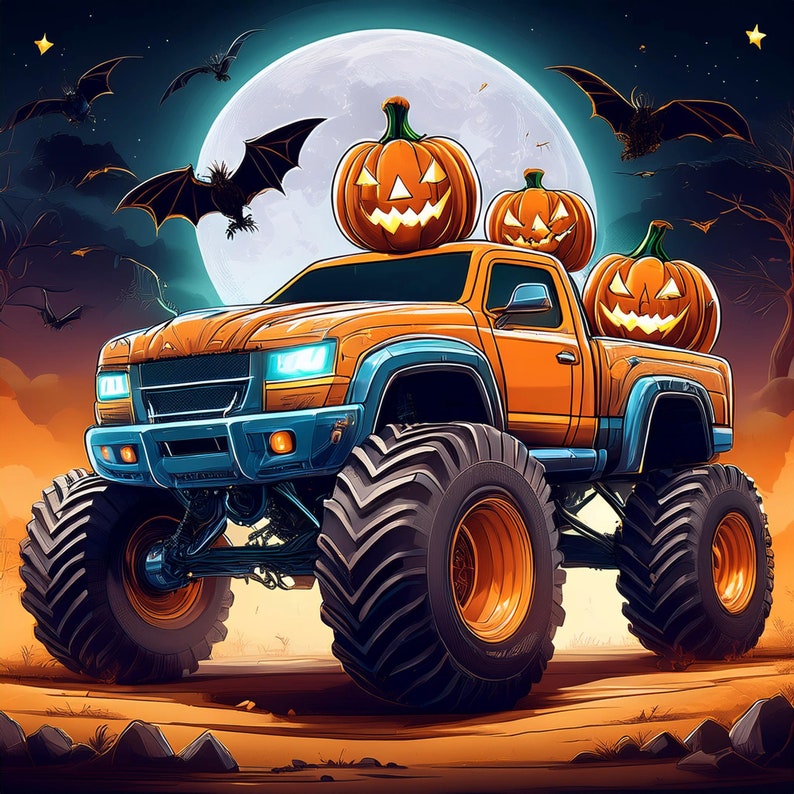 Halloween Monster Truck With Jack-o'-lantern Wheels PNG | Spooky Truck ...