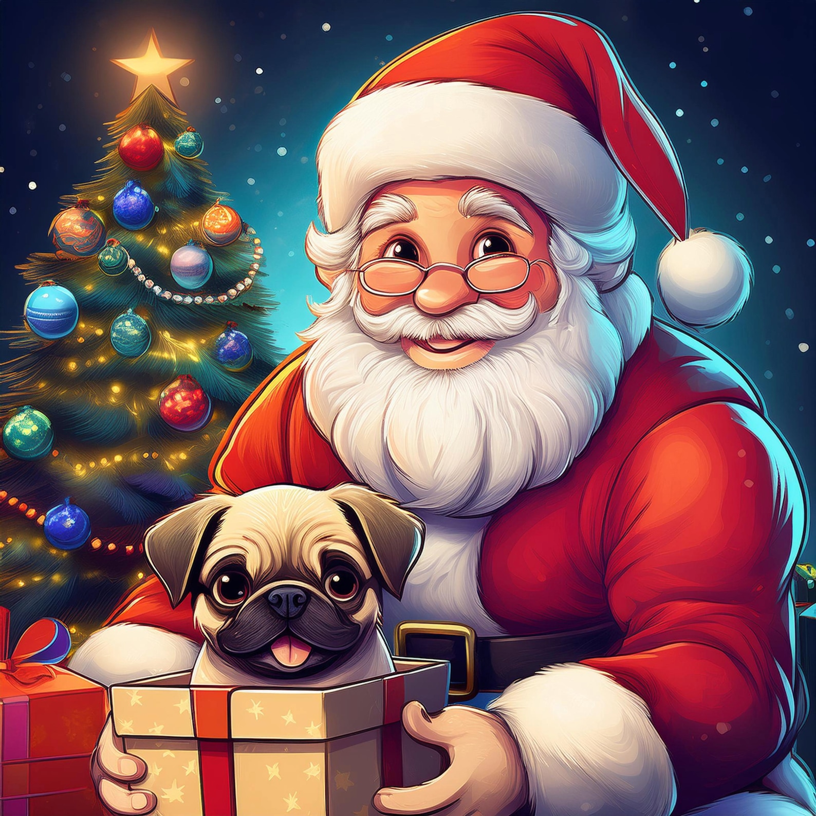 Santa Delivering Pug Puppy in Gift Box PNG | Cute Christmas Cartoon Art ...