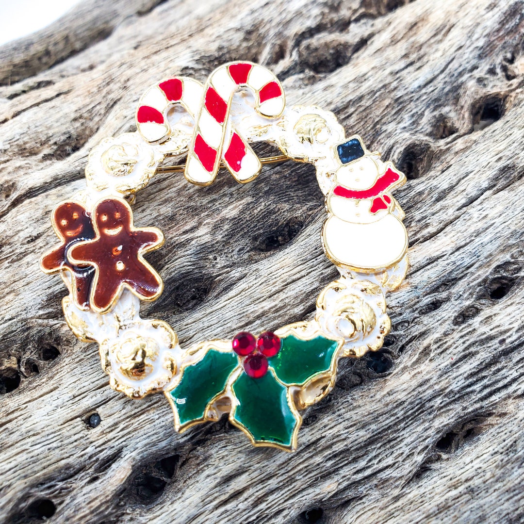 Christmas Wreath Pin Snowman Candy Canes Holly Leaves With - Etsy