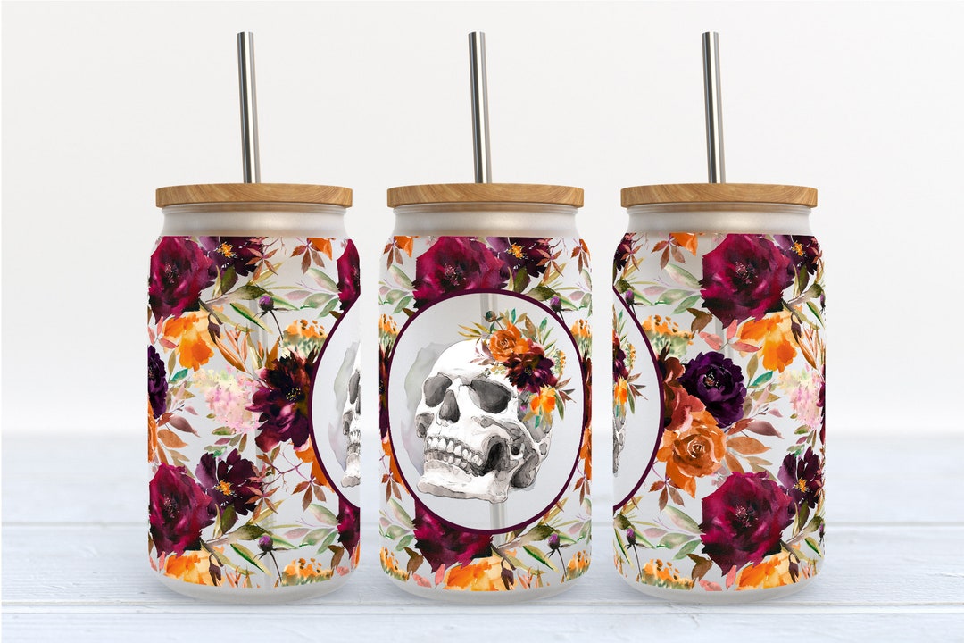 Skull and Flowers Libby Can Sublimation Libby Can Bamboo Lid With Straw ...