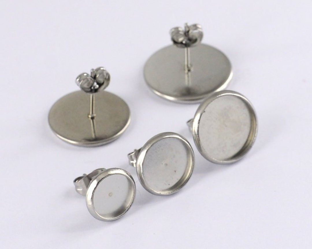 100pcs 316L Stainless Steel Ear Studs, Round Bezel Setting Earrings ...