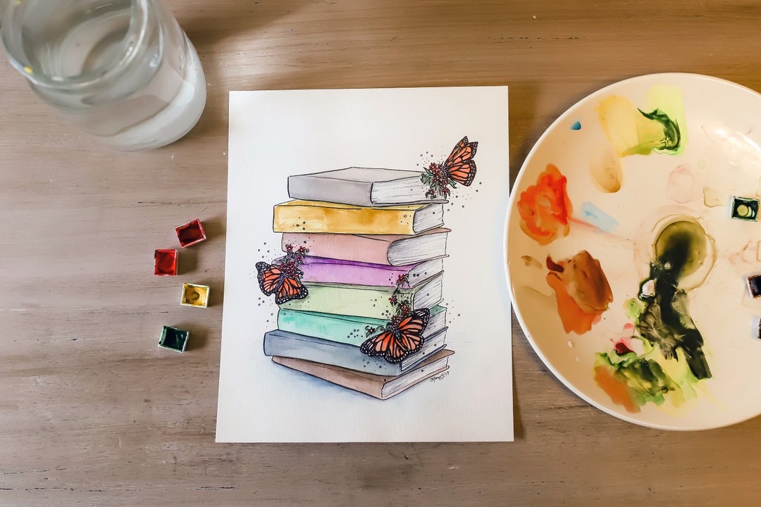 Stack of Books Original Watercolor Reproduction Print, Book Lovers Wall ...