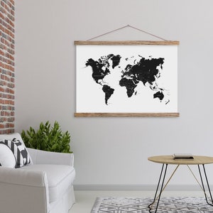 Black and White World Map With Wood Magnetic Poster Hanger ...