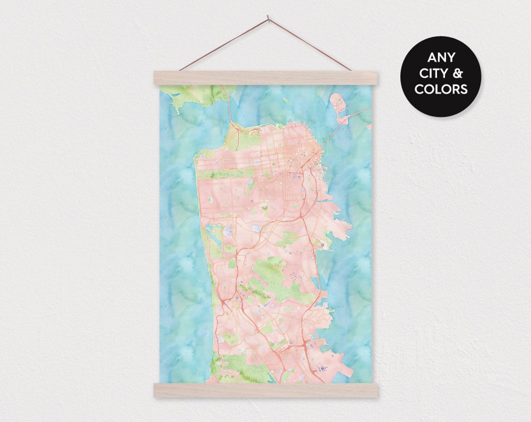 Custom Watercolor City Map With Wood Magnetic Poster Hanger ...