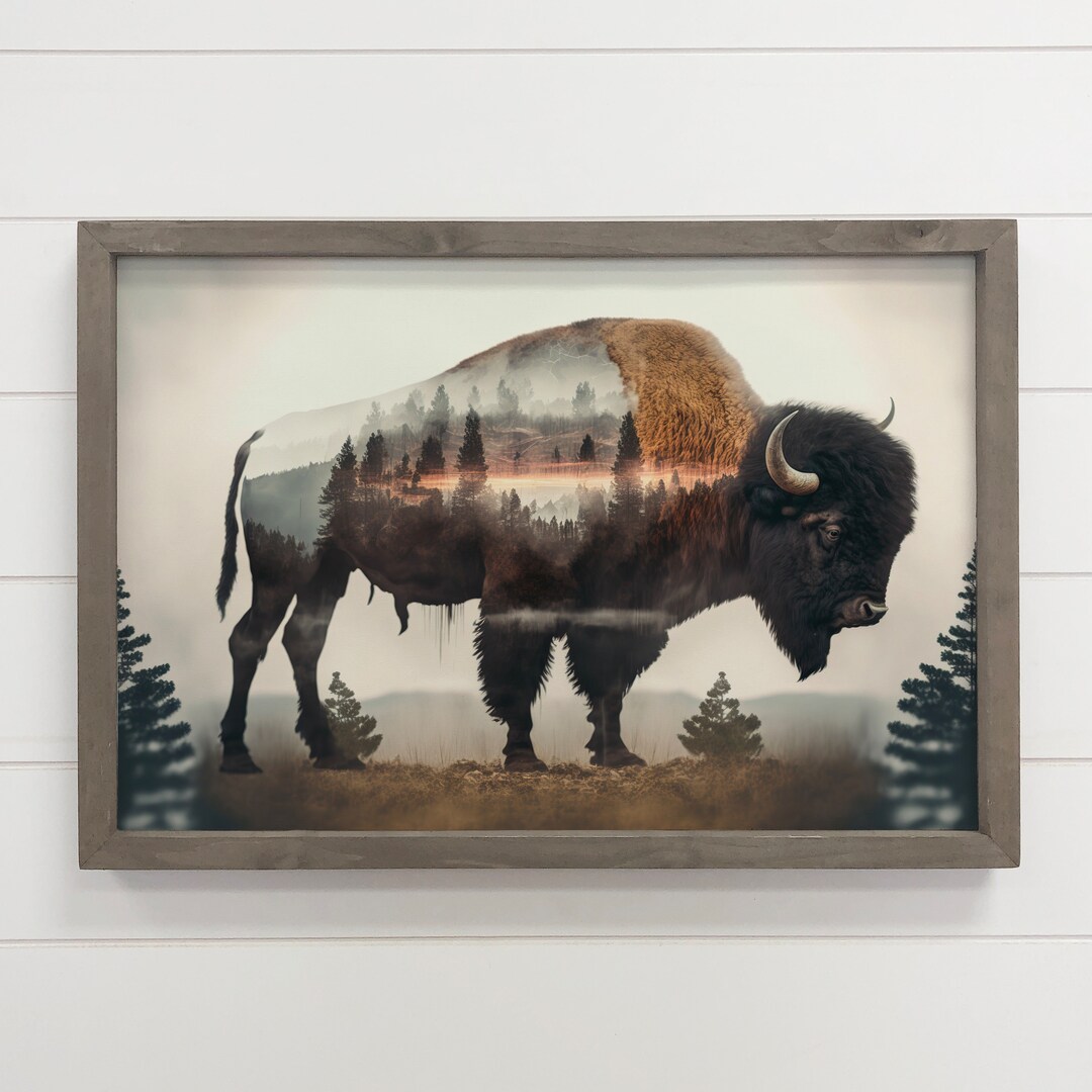 Bison Trees Double Exposure -wood Framed Wildlife Canvas Art - Etsy