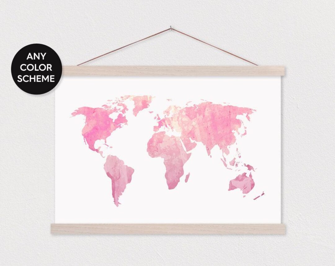 Pink Paint World Map With Wood Poster Hanger- Interchangeable Frame ...