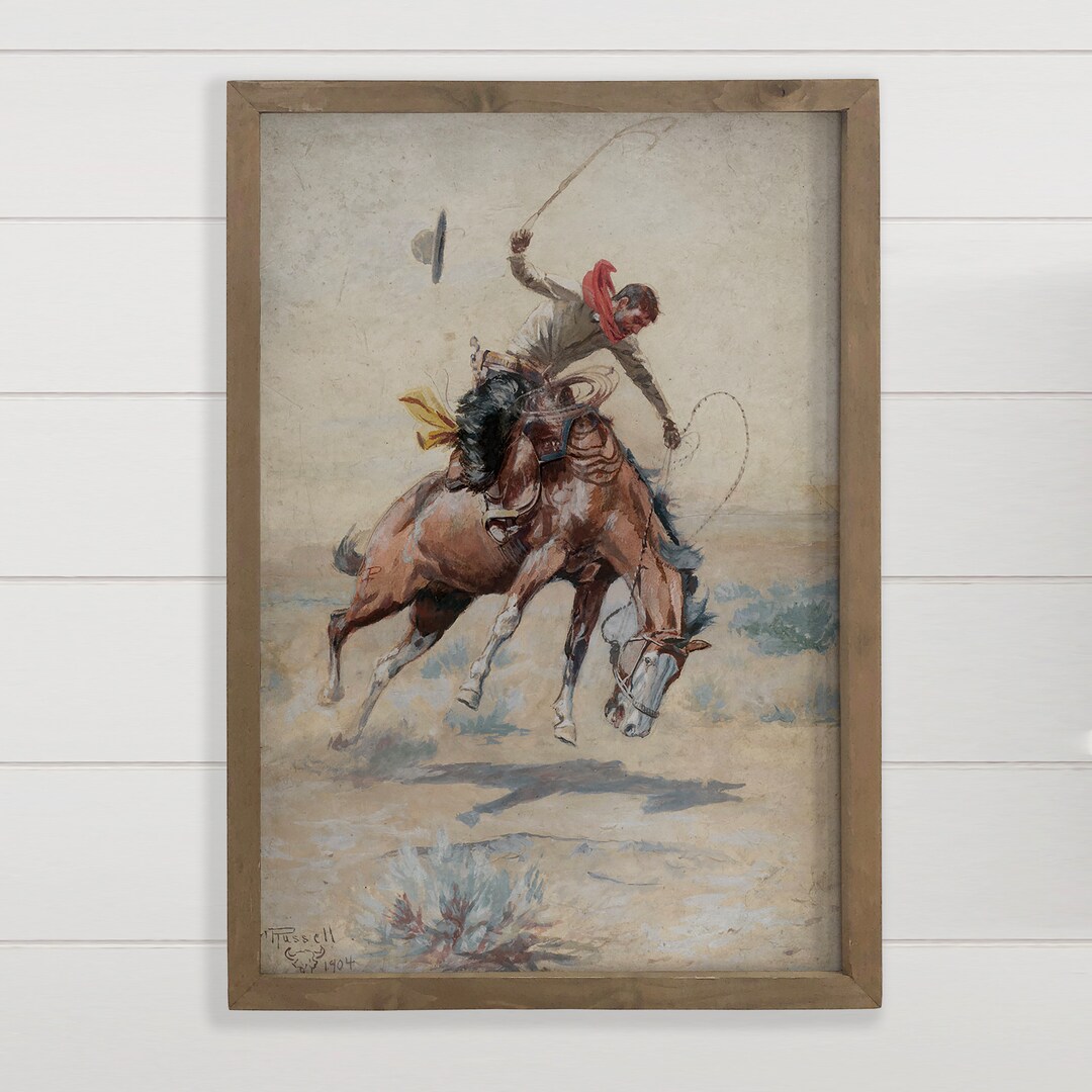 Cowboy Bucking - Arte em tela do faroeste - Arte de parede com moldura ...