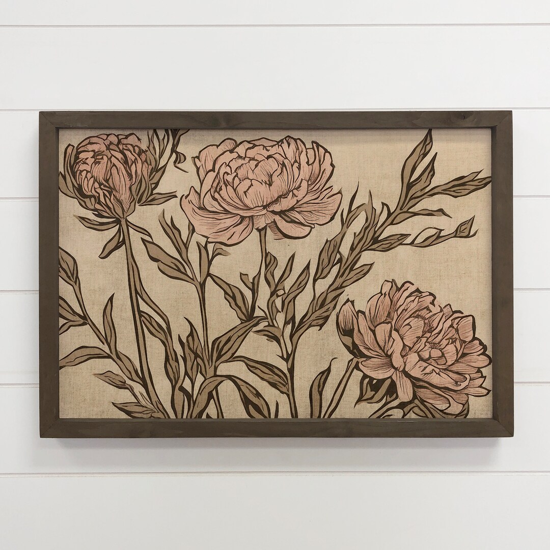 Peony Linocut - Floral Canvas Art - Wood Framed Farmhouse - Etsy