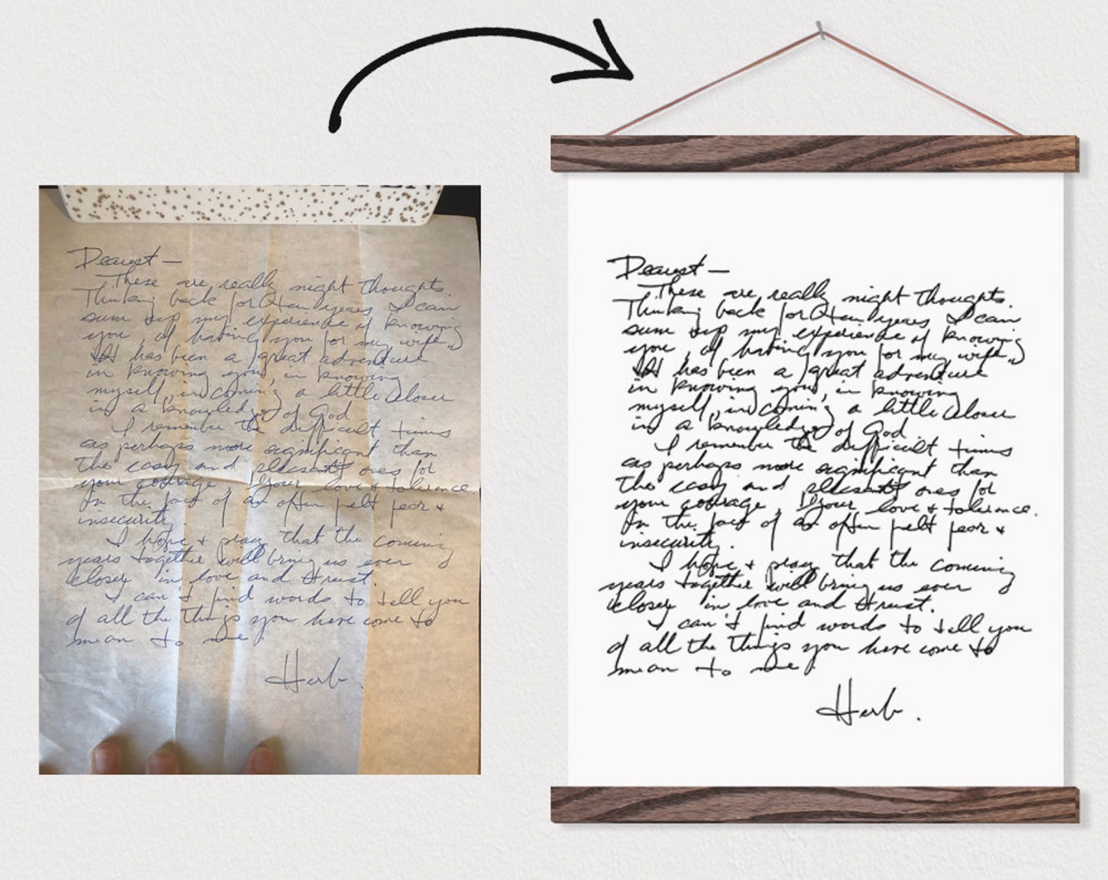 Handwritten Letter Printed on Canvas - Framed With Hanging Hanger ...