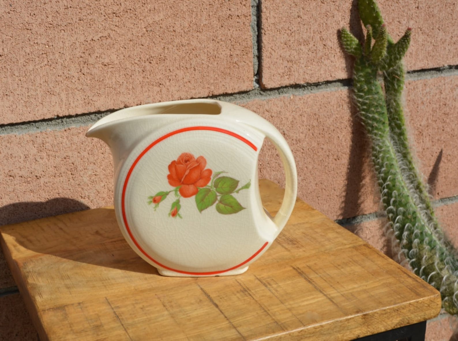 Vintage Fiesta Ceramic Disc Pitcher - White With Red Rose and Detailing ...