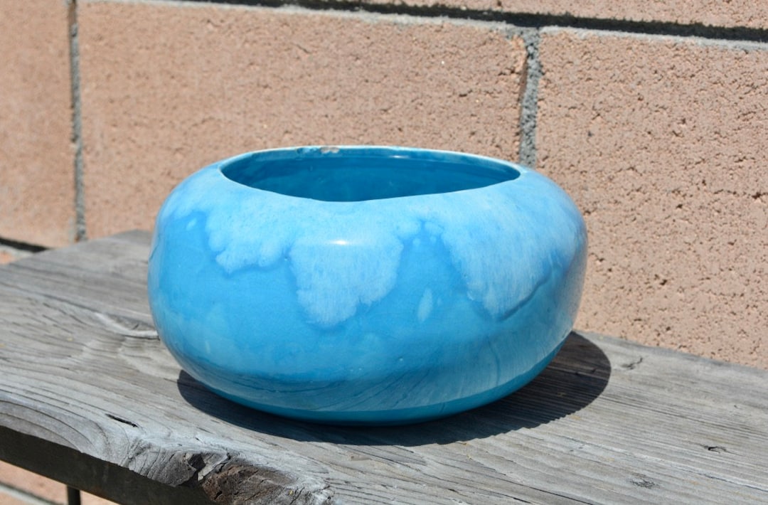 Mid Century Pottery - Vintage Frank Moreno Round Ceramic Planter With Blue Drip Glaze - Etsy