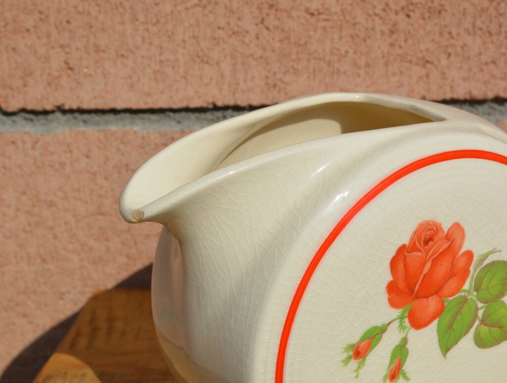 Vintage Fiesta Ceramic Disc Pitcher - White With Red Rose and Detailing ...