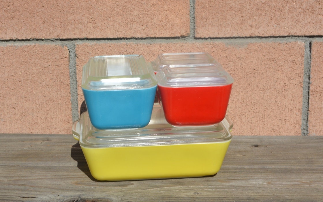 Vintage Pyrex 8 Piece Primary Refrigerator Set Yellow Blue & | Etsy