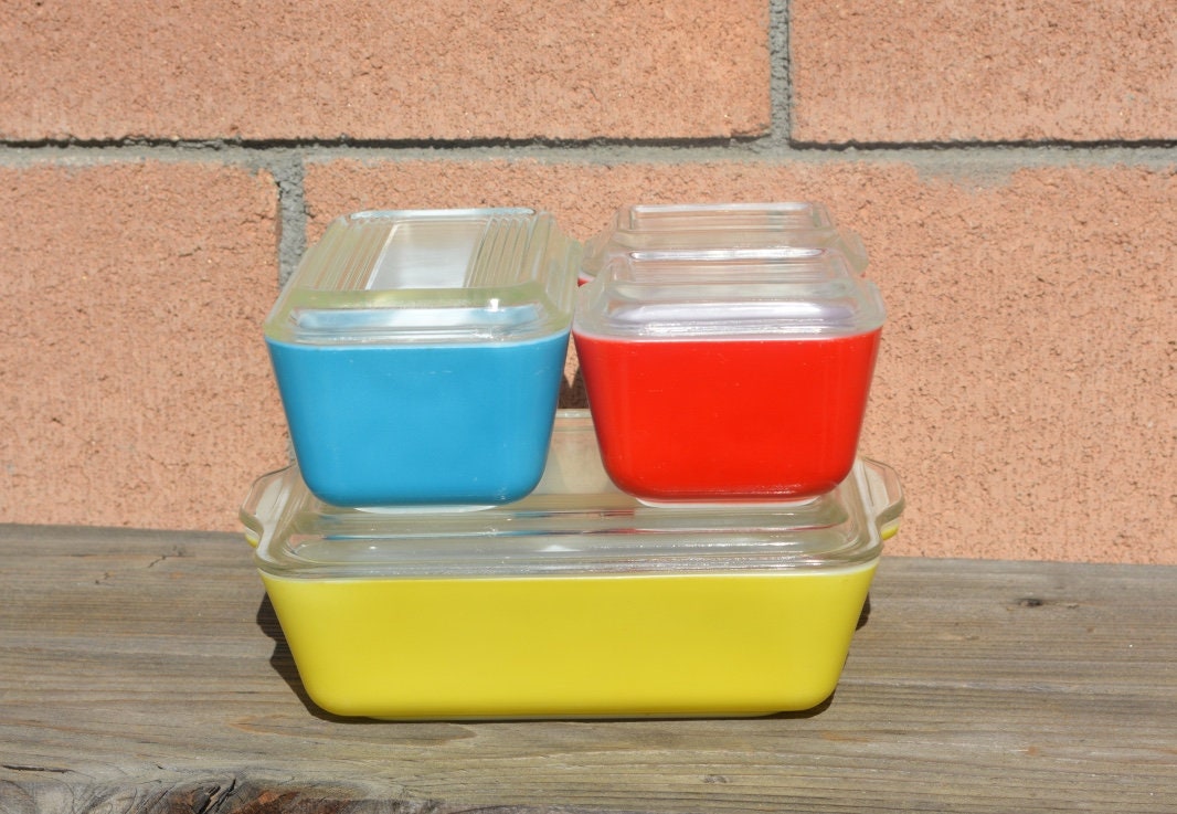 Vintage Pyrex 8 Piece Primary Refrigerator Set Yellow Blue & | Etsy