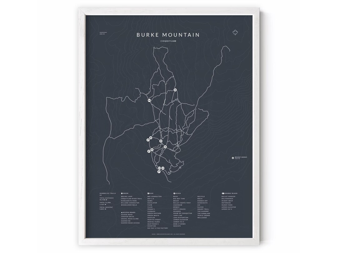 Burke Mountain Trail Map Poster – Coquitlam BC Mountain Bike Wall Art ...