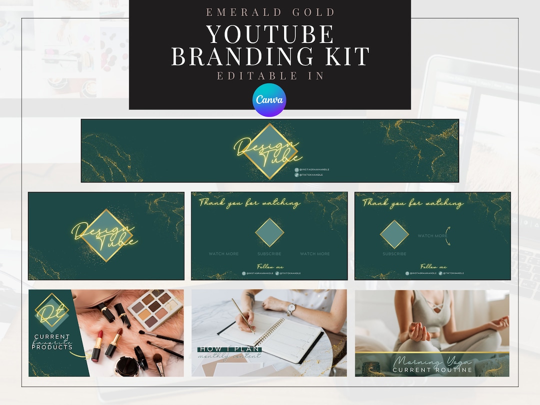 Editable Youtube Branding Kit Emerald Gold Youtube Banner, Intro and ...