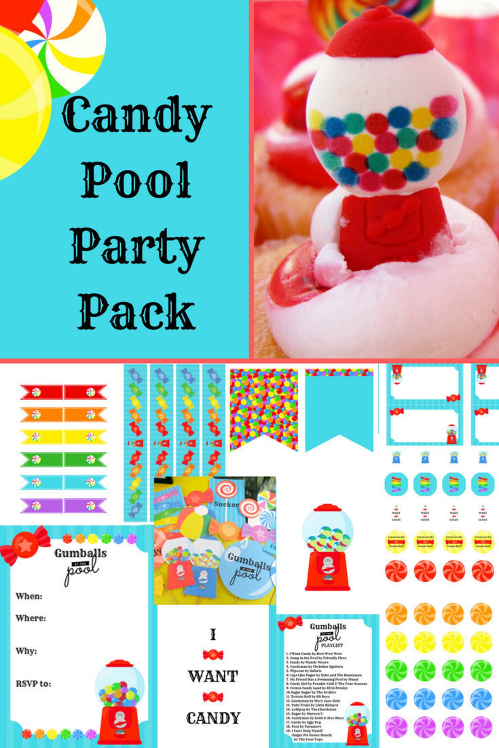 Candy Themed Pool Party Pack - Digital Download - 14 Items - Etsy