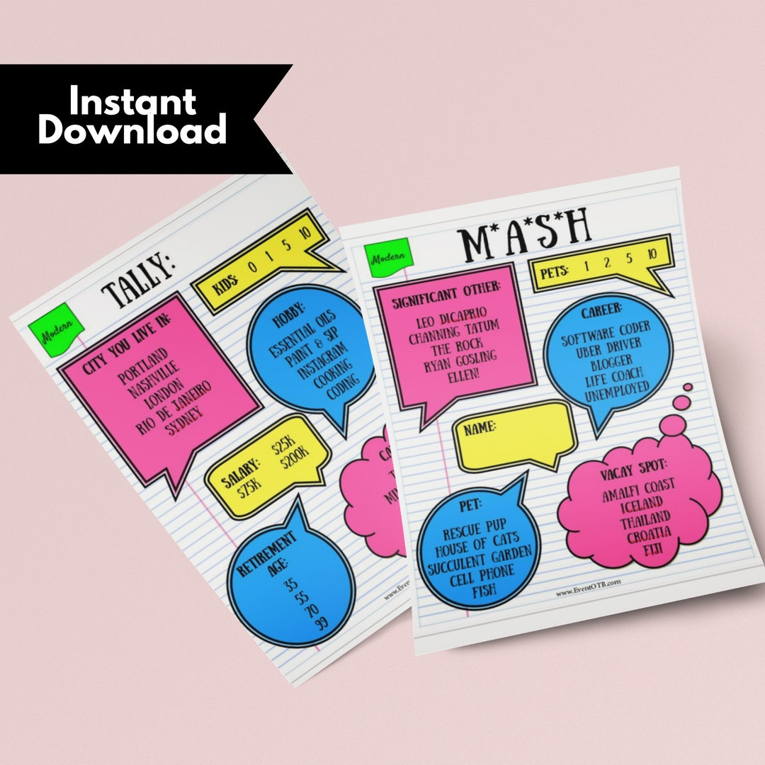 MASH Game Printable, 90's Theme Party, 90s Nostalgia, 90s Party Game ...