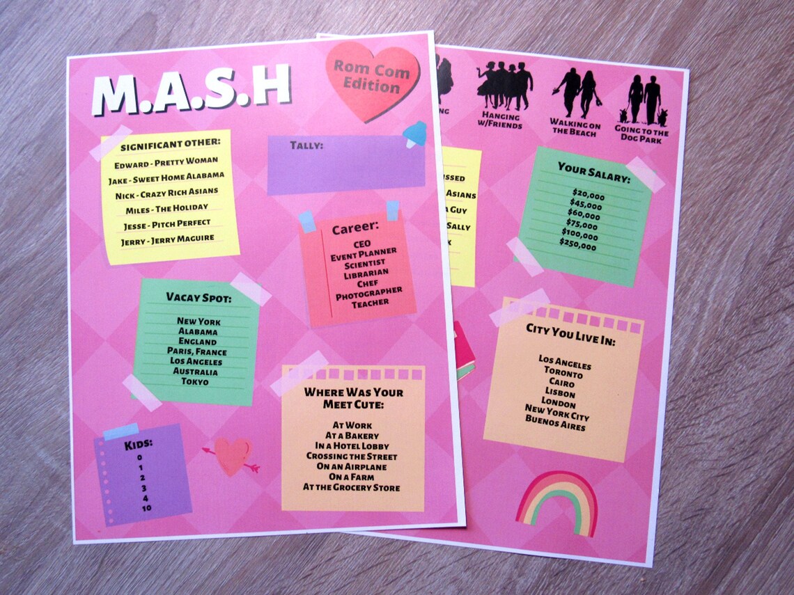 90s Nostalgia, MASH Game Printable, Party Games Printable, 90s Party Theme, Rom Com Party, 90s ...