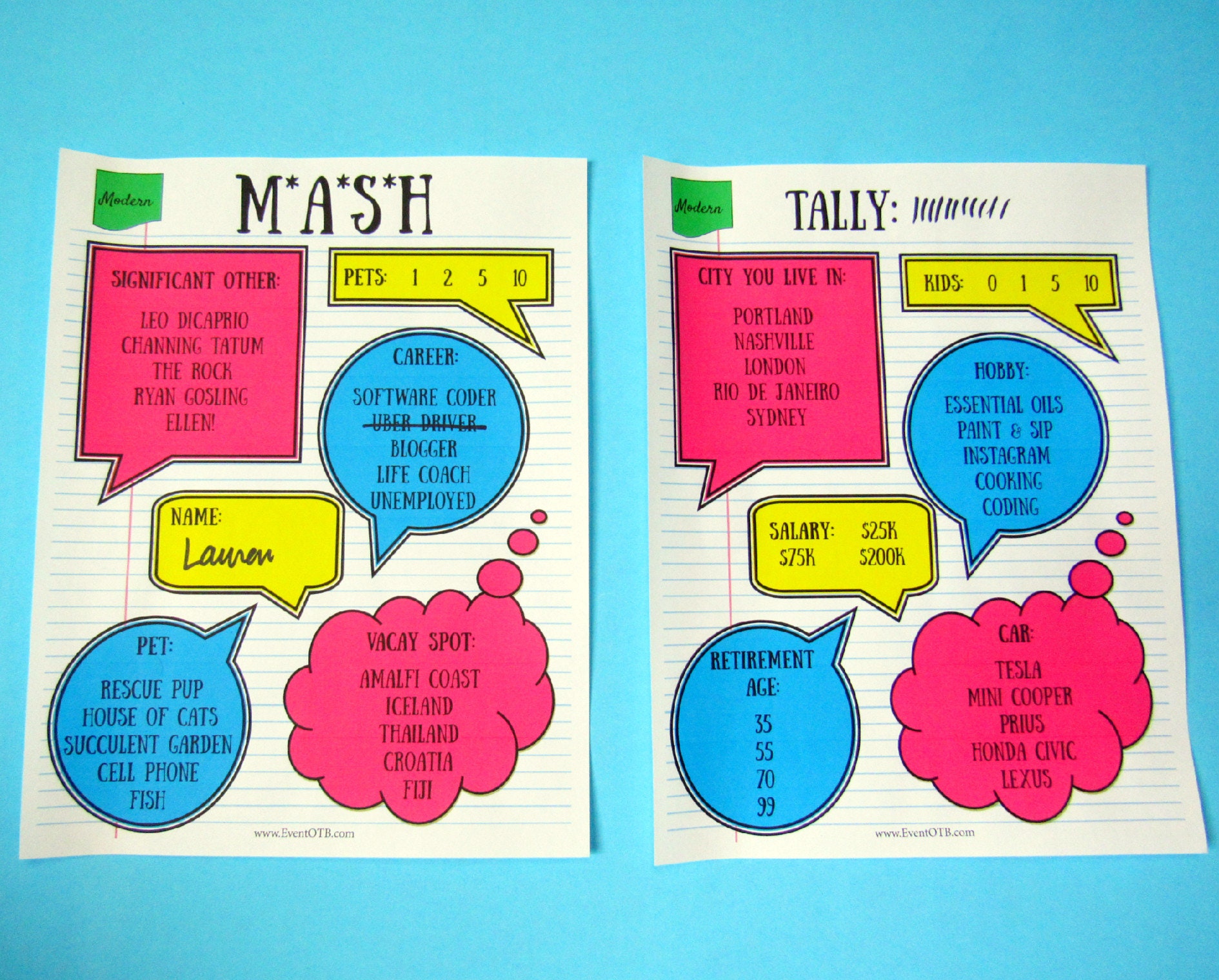 MASH Game Printable, 90's Theme Party, 90s Nostalgia, 90s Party Game ...
