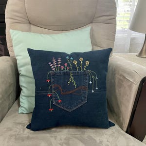 Upcycled Denim Embroidered Jean Pocket Pillow Denim Accent Pillow ...