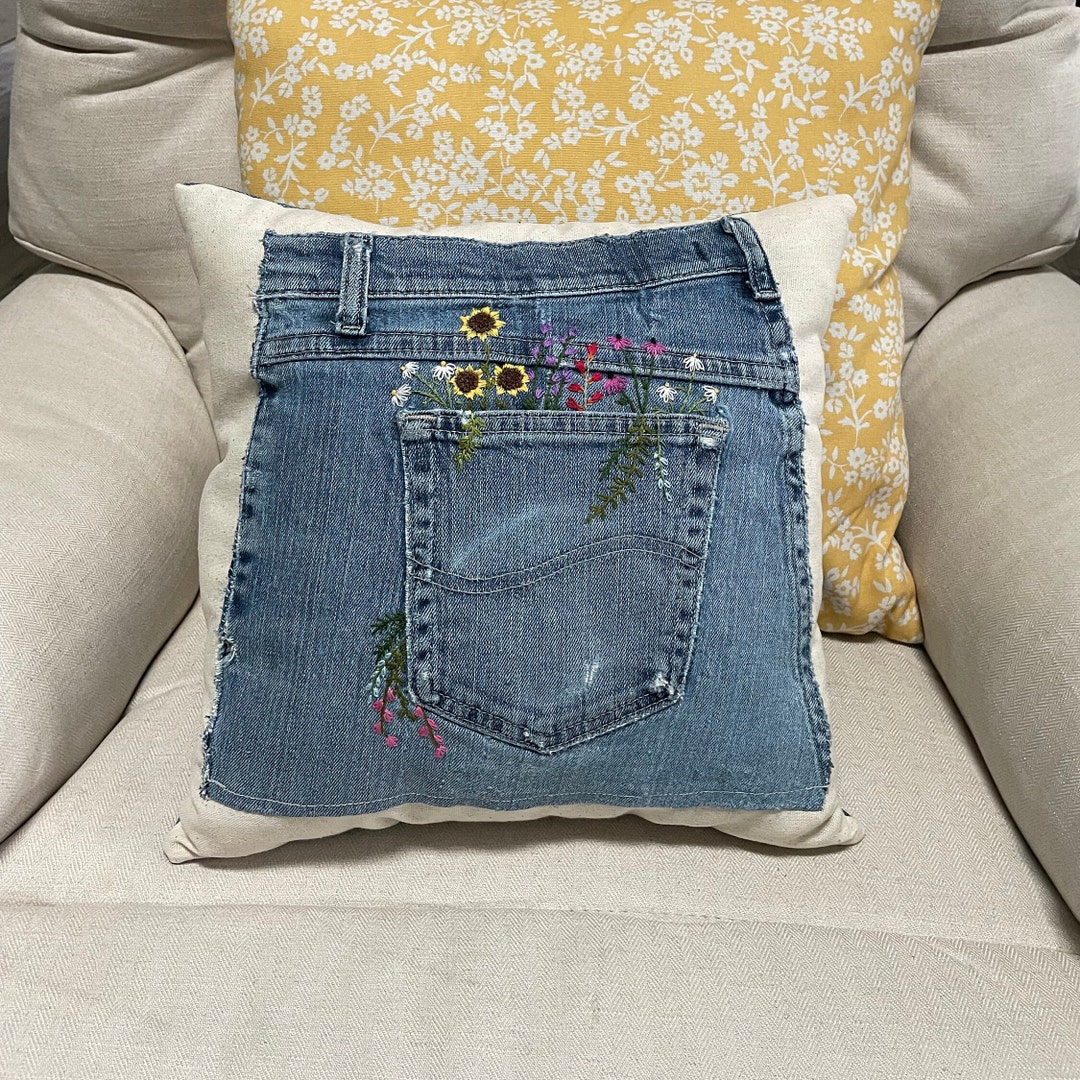 Upcycled Denim Pillow || Denim Flower Pillow|| Embroidered Accent ...