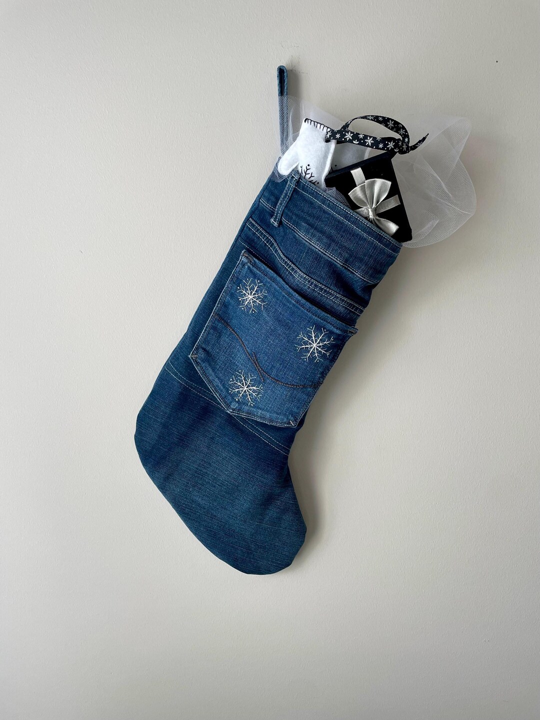 Handmade Upcycled Denim Christmas Stocking: Reindeer in the Snow - Etsy