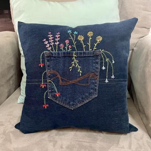 Upcycled Denim Embroidered Jean Pocket Pillow Denim Accent Pillow ...