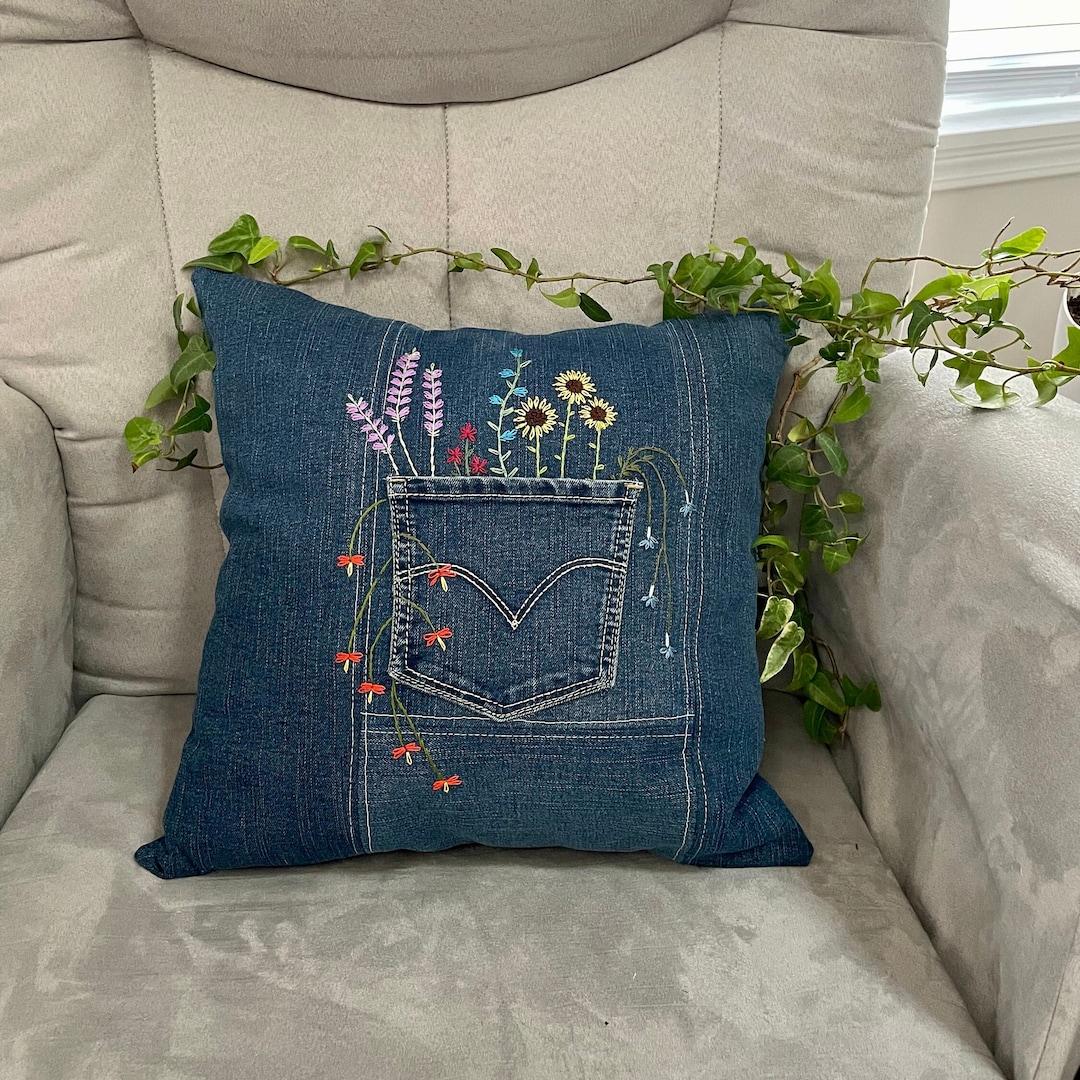 Upcycled Denim Embroidered Jean Pocket Pillow Denim Accent Pillow ...