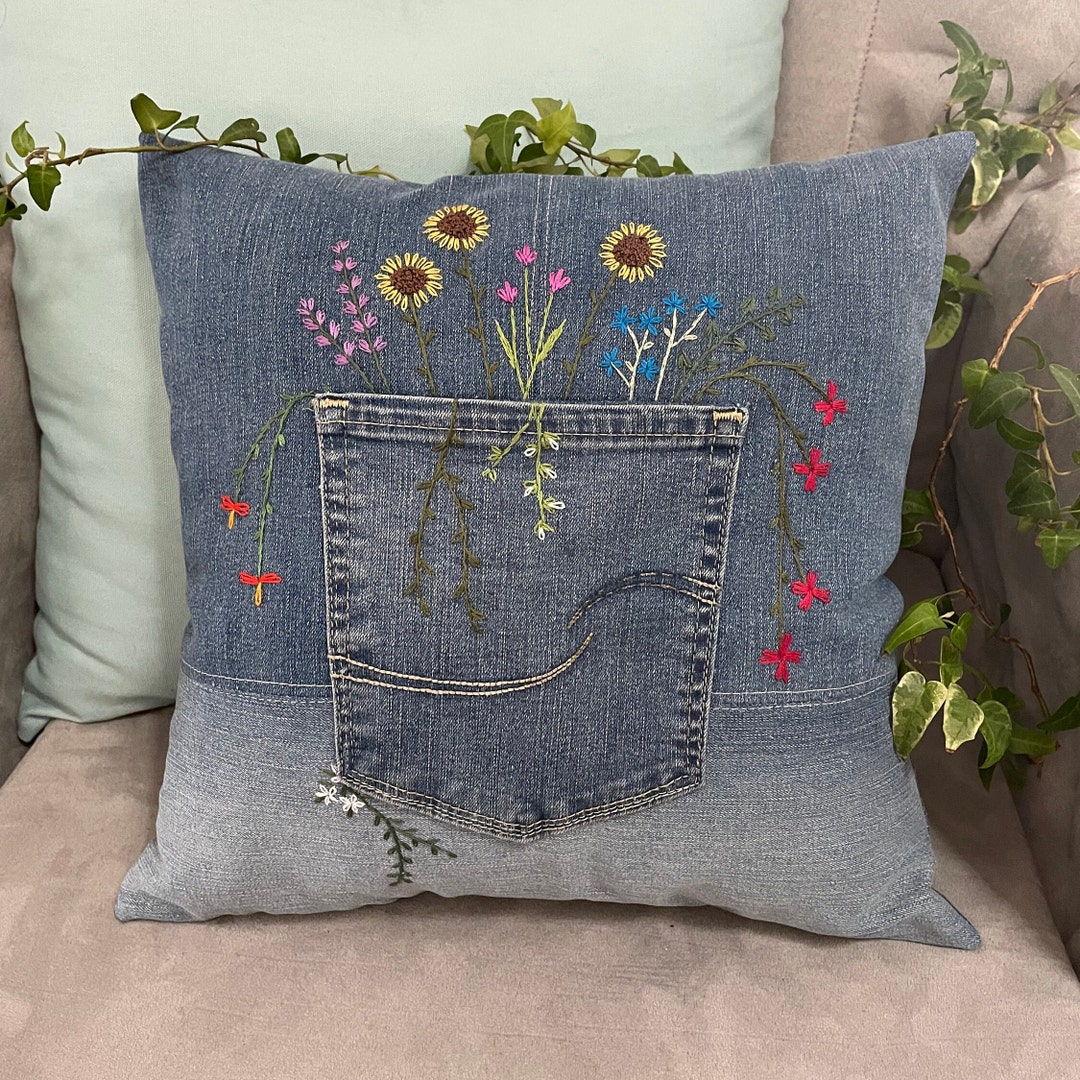 Upcycled Denim Embroidered Jean Pocket Pillow Denim Accent Pillow ...