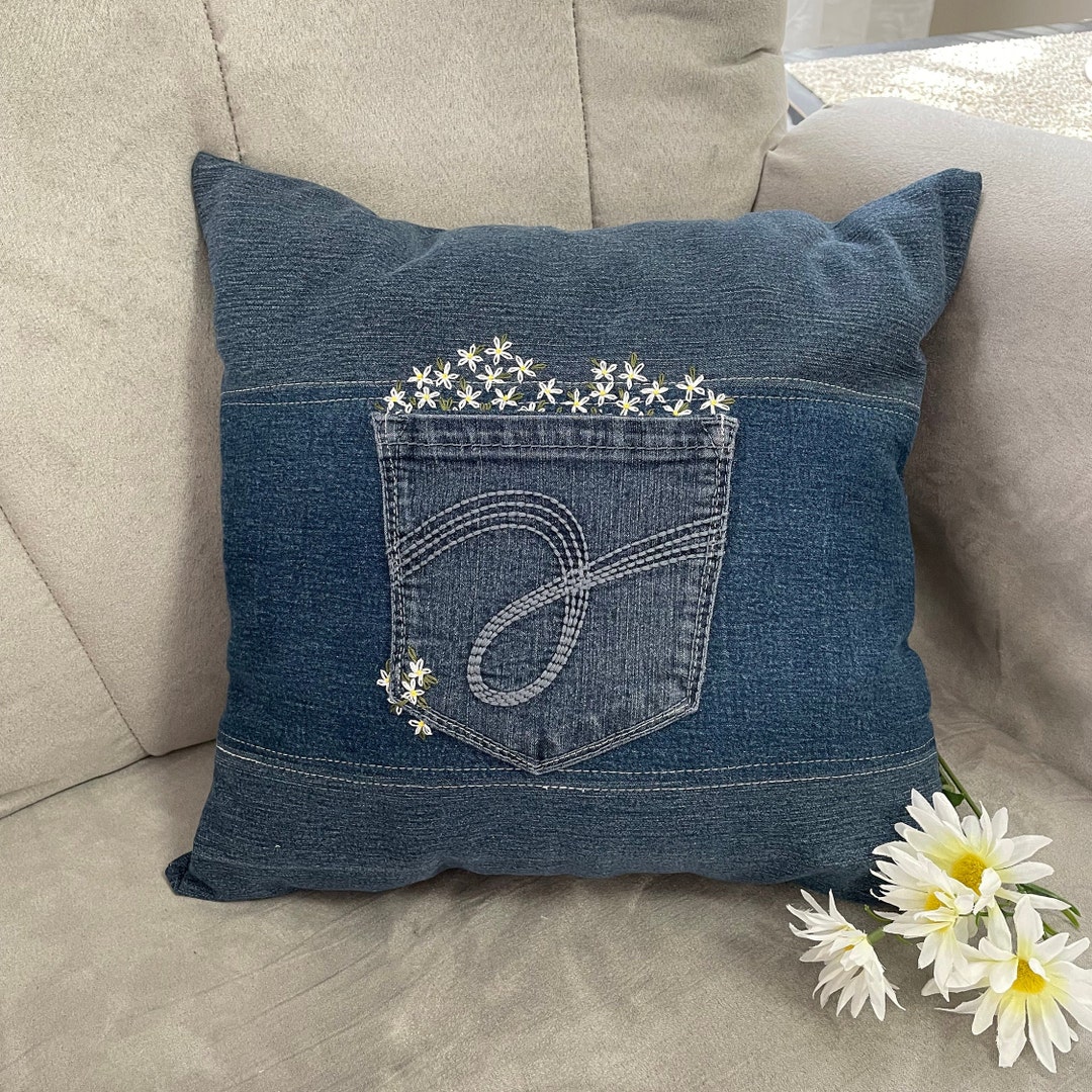 Upcycled Denim Embroidered Jean Pocket Pillow Denim Accent Pillow Daisy ...