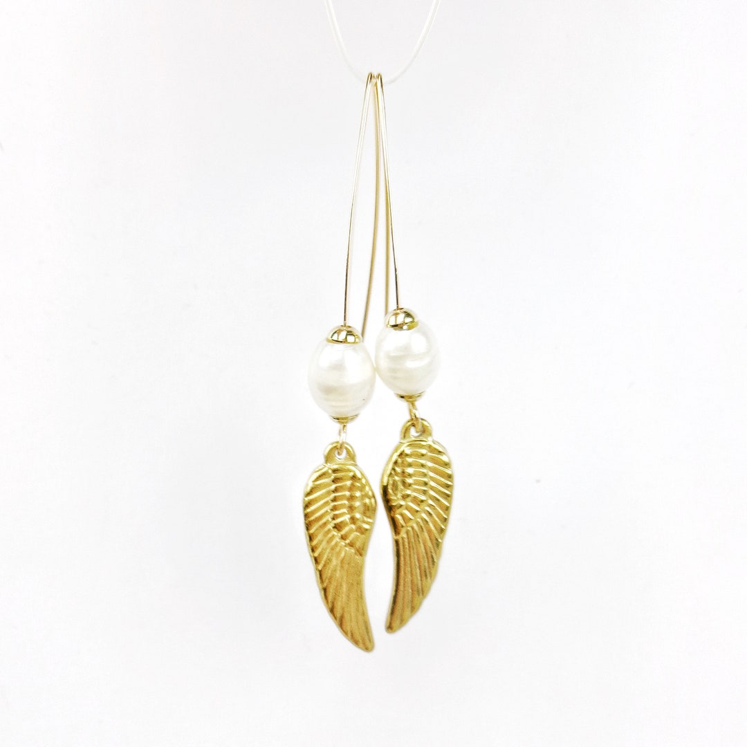 Gold Freshwater Pearl Angel Wing Wishbone Hook Earrings. Free Shipping ...