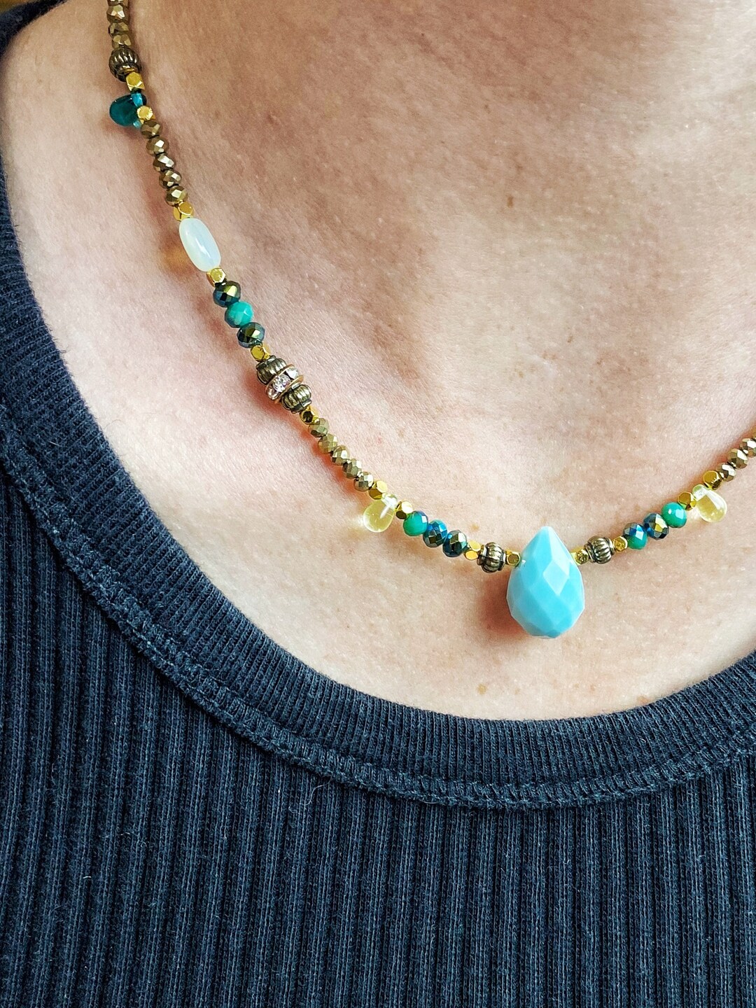 Gold/turquoise Vintage Gypsy Bohemian Crystal Necklace. Free Shipping ...