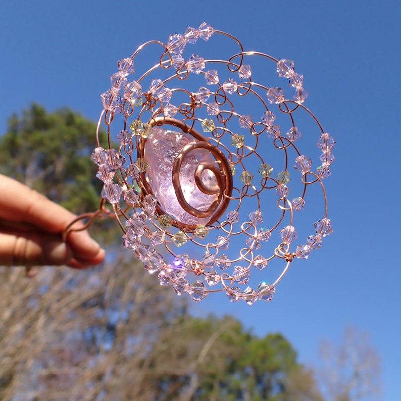 Handmade Pink Slag Glass Suncatcher: Swarovski Crystal Beaded Flower - Etsy