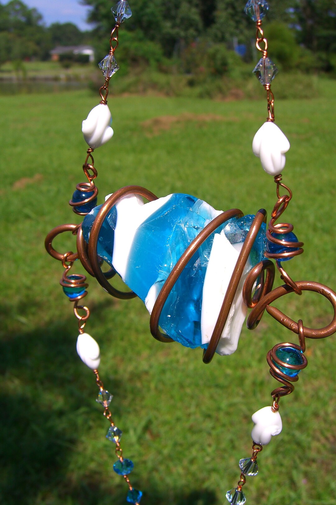 Blue Milk Glass Swirl Glass Suncatcher Handmade Slag Glass Wire ...