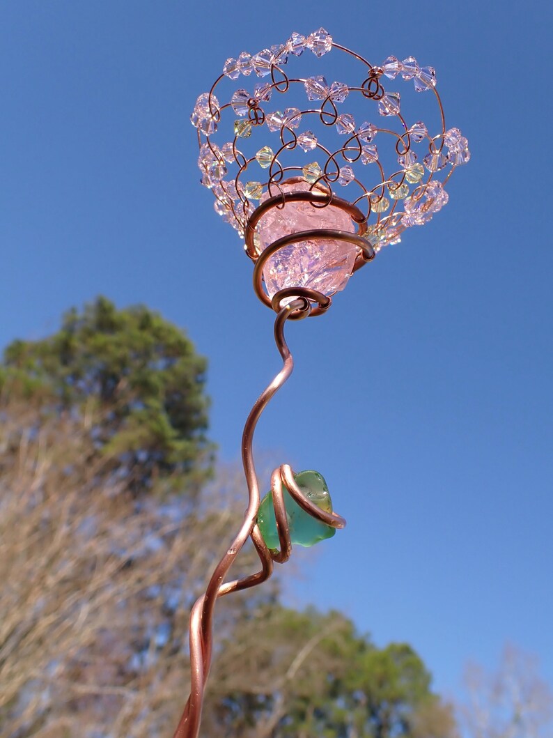 Handmade Pink Slag Glass Suncatcher: Swarovski Crystal Beaded Flower - Etsy