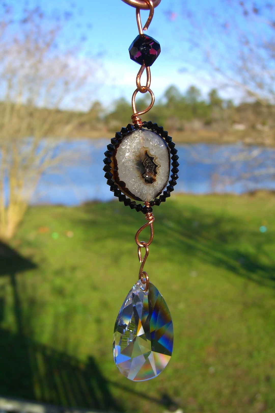 Glass & Agate Suncatcher, Pink Slag Glass Beaded Crystal Agate ...