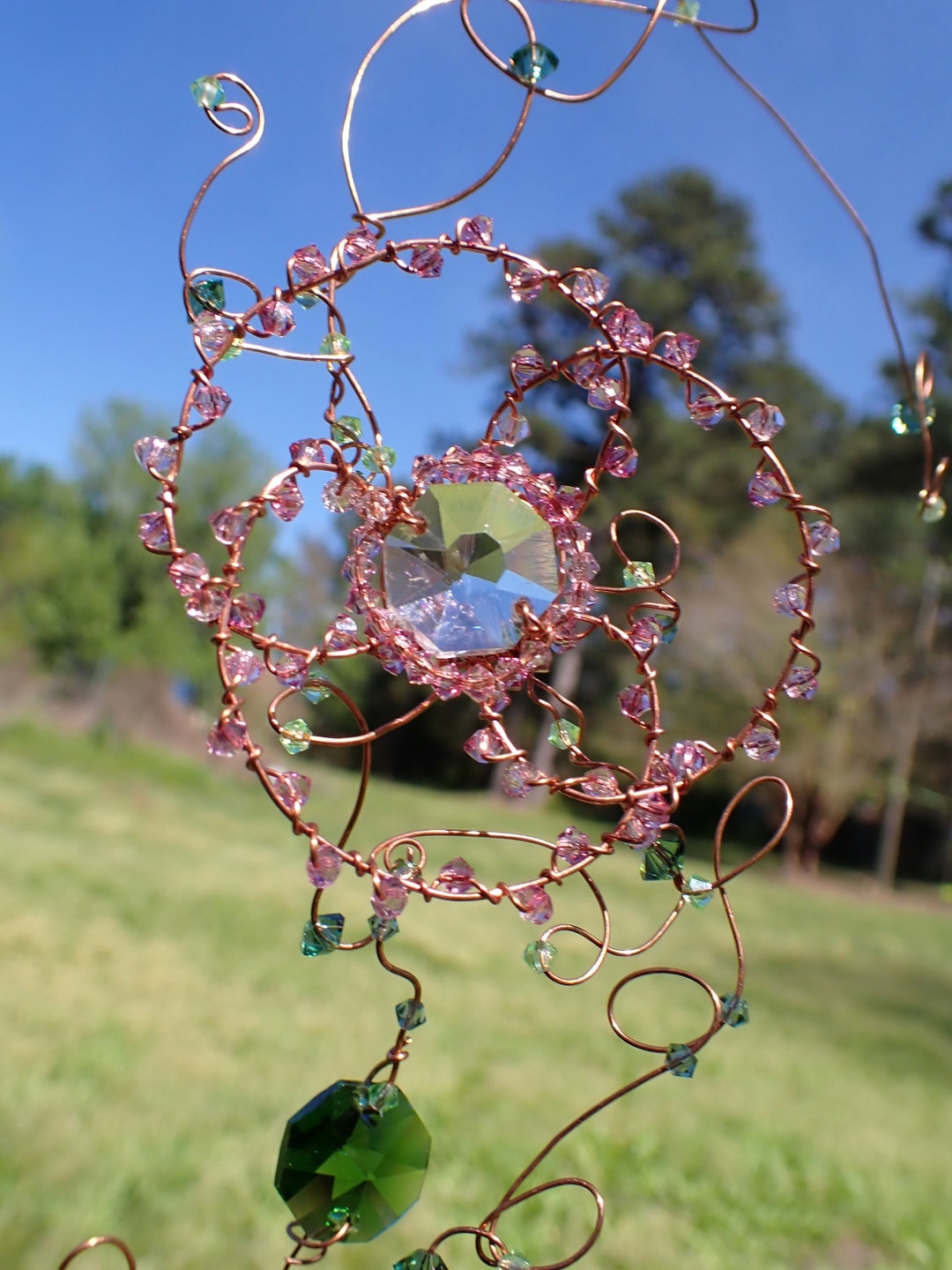 Handmade Beaded Morning Glory Suncatcher: Copper Wire Garden Decoration ...