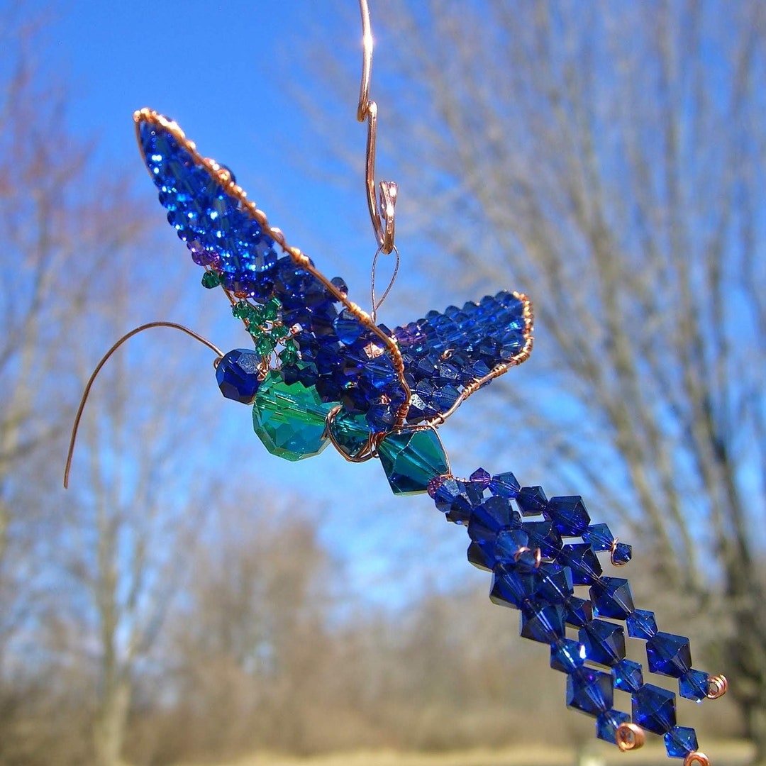 Beaded Bird Sculpture Handmade Indigo Hummingbird Swarovski Wire Art ...