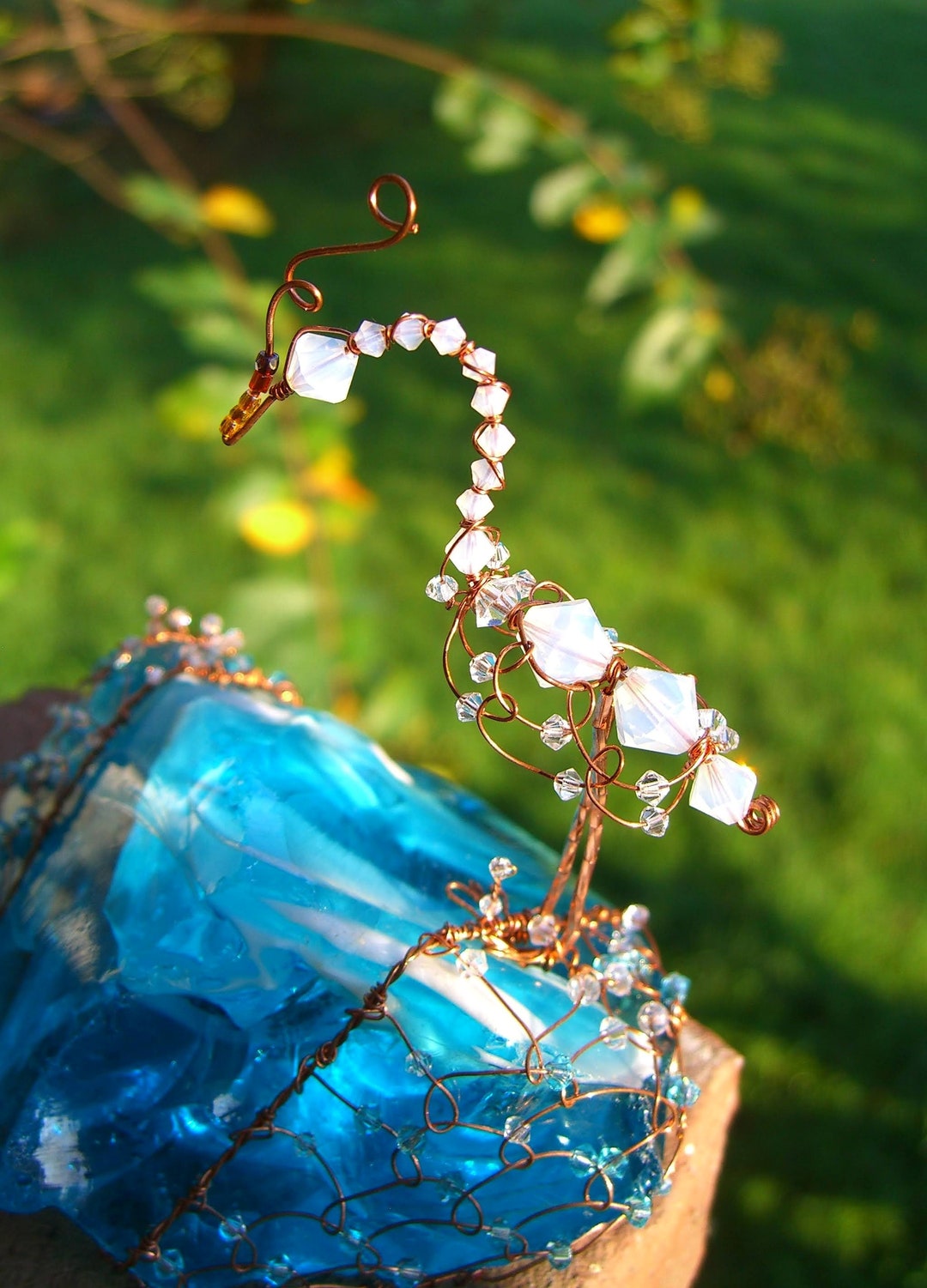 Egret Beaded Bird Sculpture Handmade Swarovski & Glass Wire Bird ...